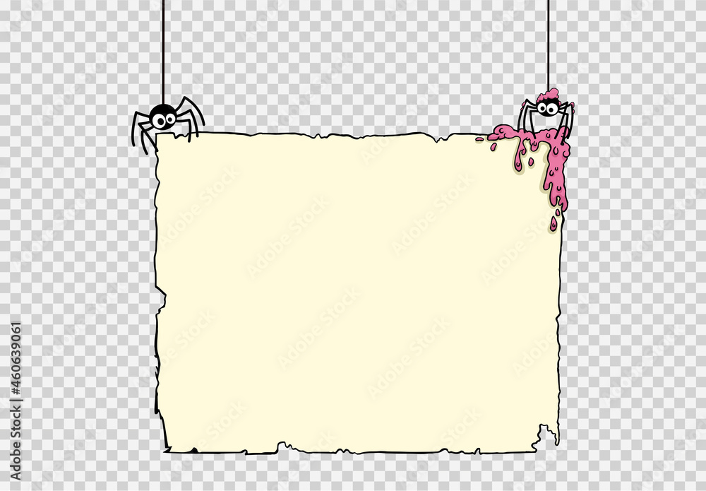 Spiders holding blank sign hanging from spiderweb isolated on png or ...