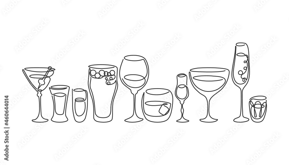 One line drawing martini rum wine liquor champagne tequila beer whiskey ...