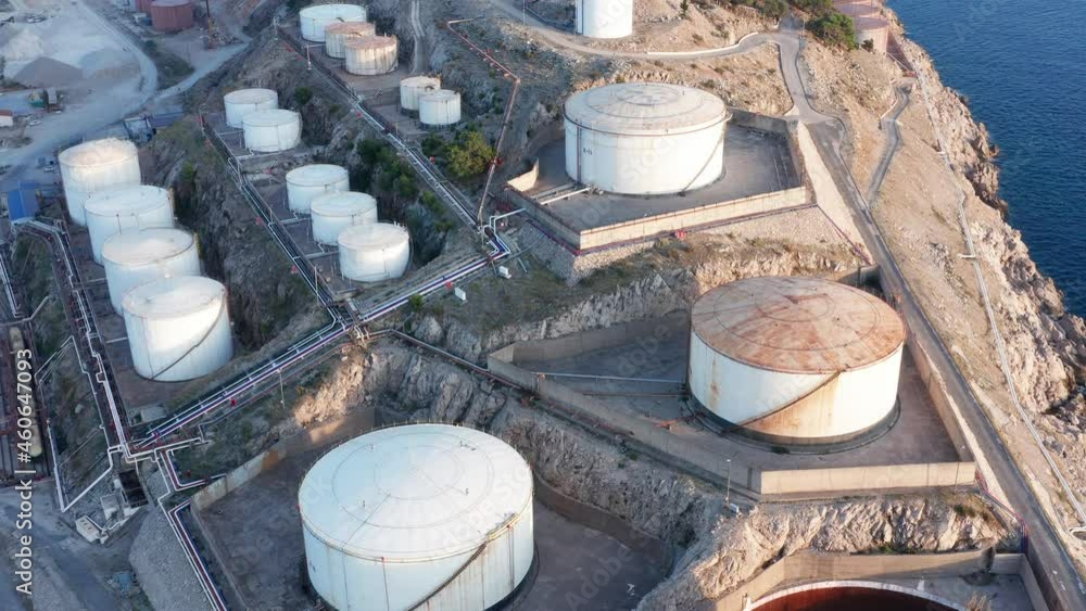 Oil terminal (tank farm) for gas, diesel and petroleum, on the coast ...