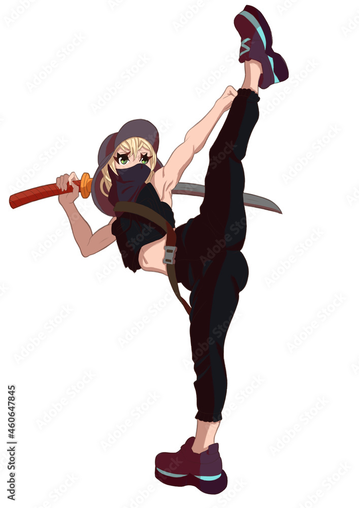Cute fighting anime manga girl with a katana strikes in a bulletproof ...