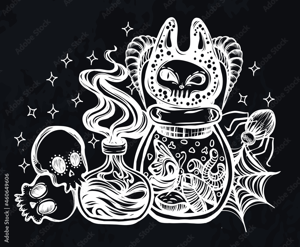 Halloween vector composition with bottles with insects, bottle with ...