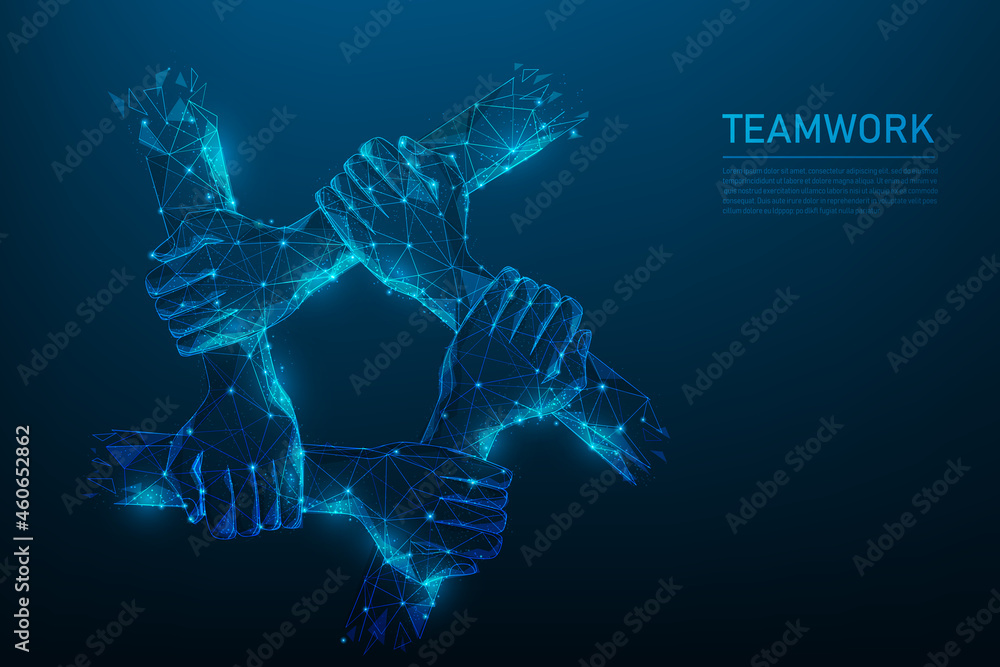 Fototapeta hand teamwork low poly wireframe on blue dark background ...