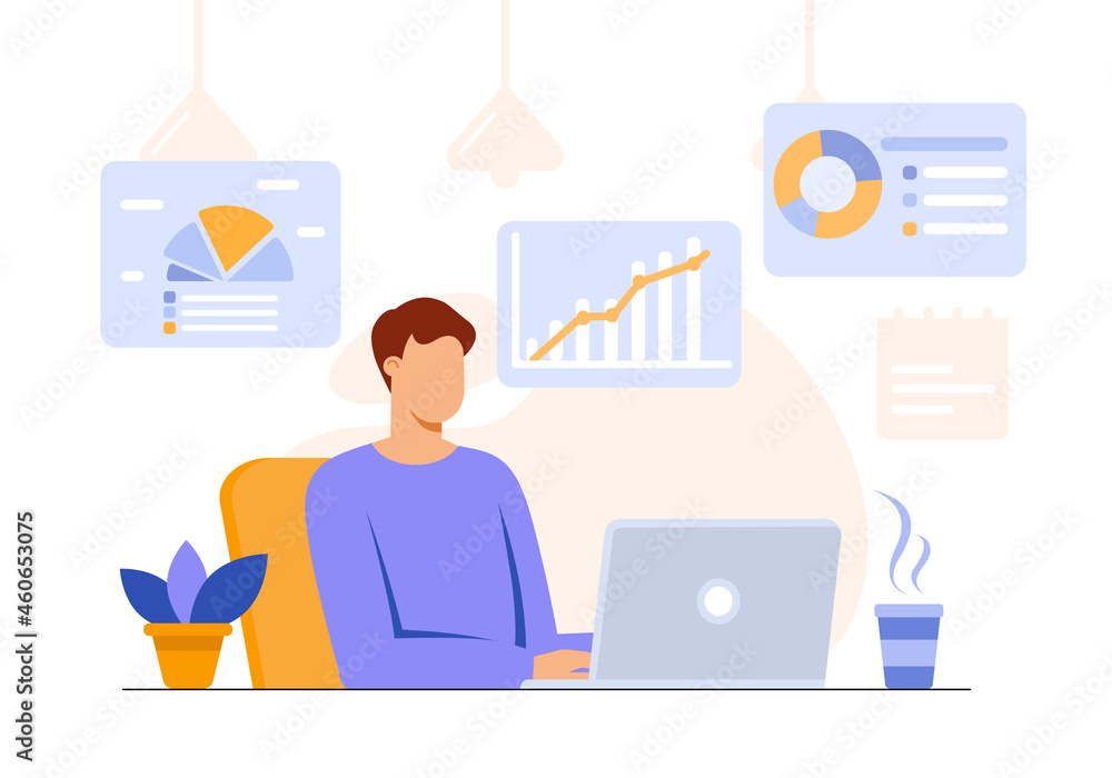 Man working with databases, analyzing, business and statistical process. Big data analysis ...