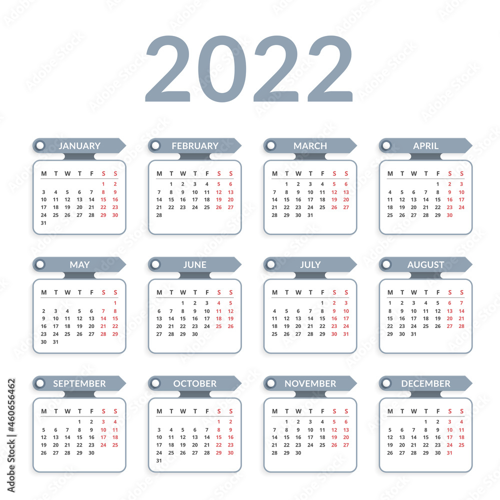 2022 Calendar, week starts on Monday Stock Vector | Adobe Stock