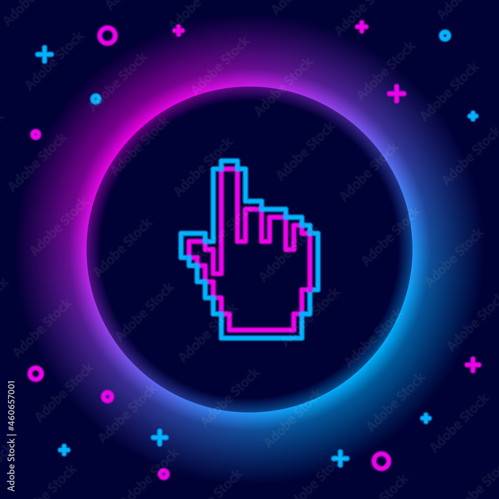 Glowing neon line Pixel hand cursor icon isolated on black background ...
