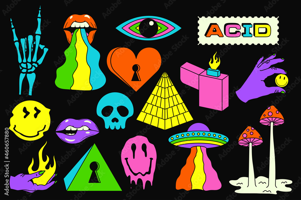 Acid sticker set. Acidic abstract smiles, objects and icons. Funny ...