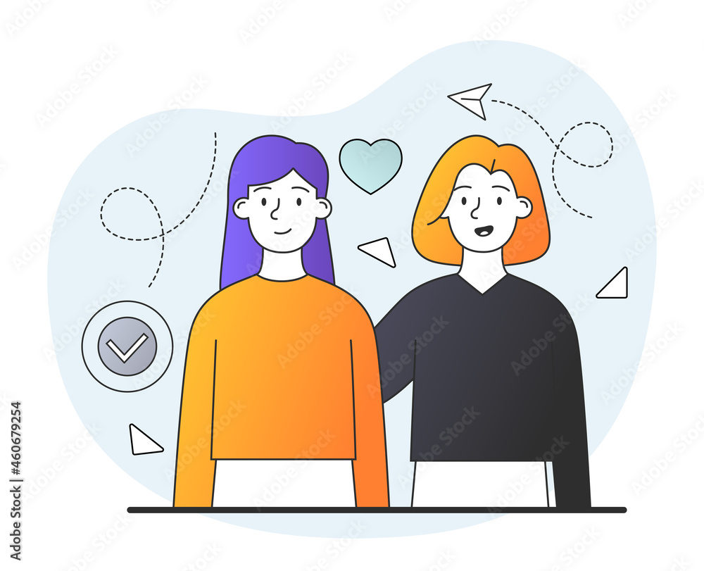 Two cute cheerful female characters are standing together and smiling ...