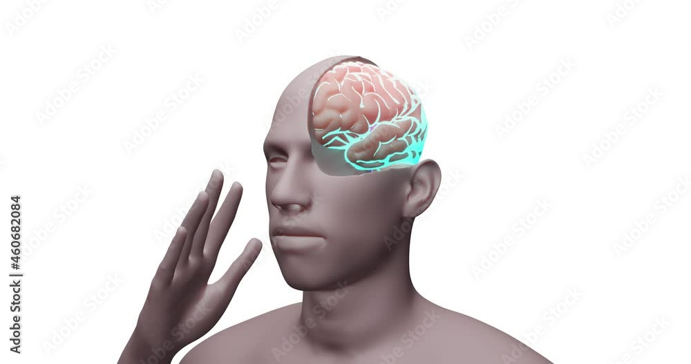 3D stylized animation render a man holding his hand near his temple ...