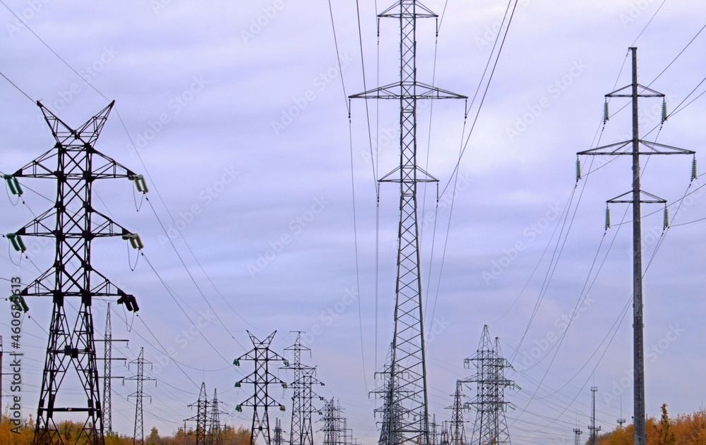 Various types of transmission line supports. Overhead power line ...