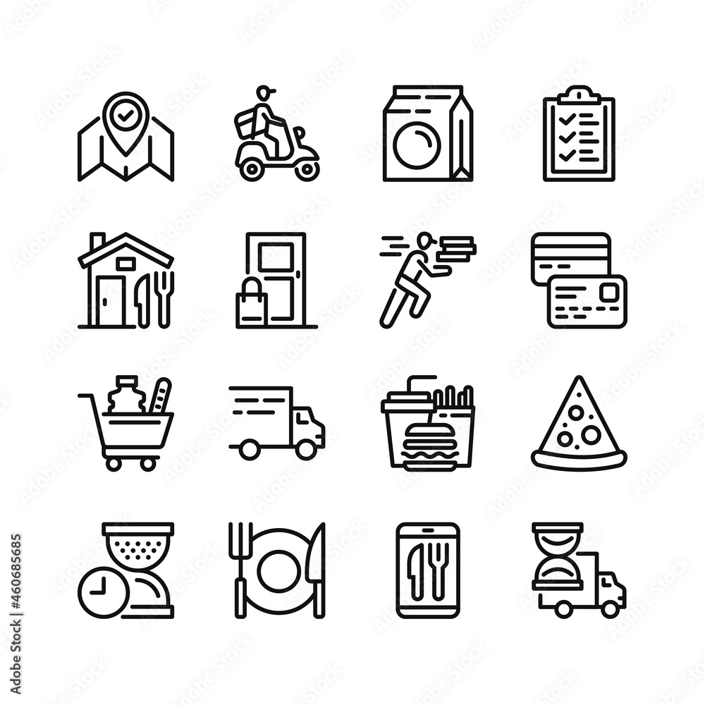 Food delivery line icons. Set of outline symbols, simple graphic elements, modern linear style ...