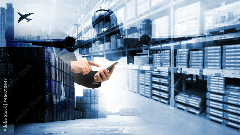 Double exposure of delivery industry and logistics concept container ...