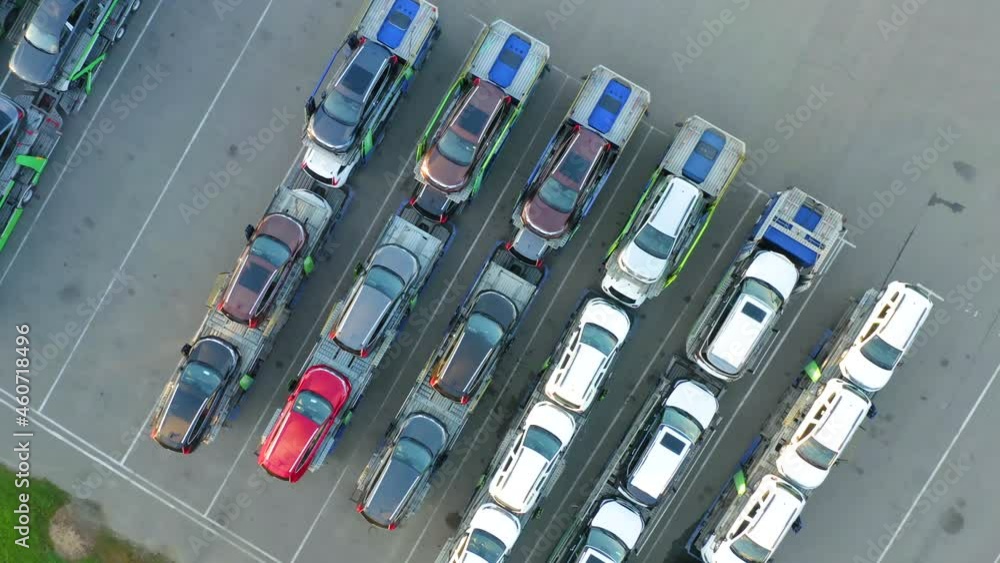 Aerial top down view of a car carrier trailers (car-carrying trailer ...