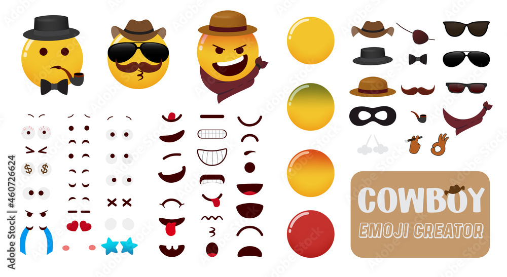 Emoji cowboy creator vector kit. Smiley editable cowboys character set ...
