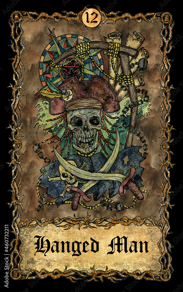Hanged Man. Major Arcana tarot card with skull over antique background. Stock Illustration ...