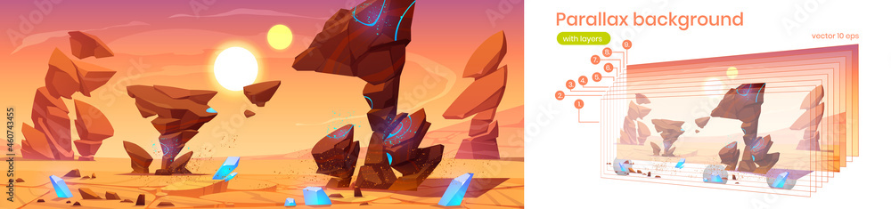 Parallax background alien planet 2d landscape in space, fantasy cosmic ...