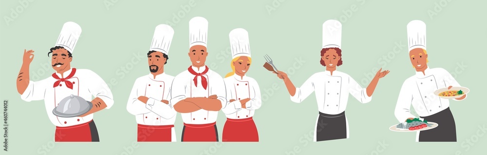 People in chef uniform showing different hand gestures expressing ...