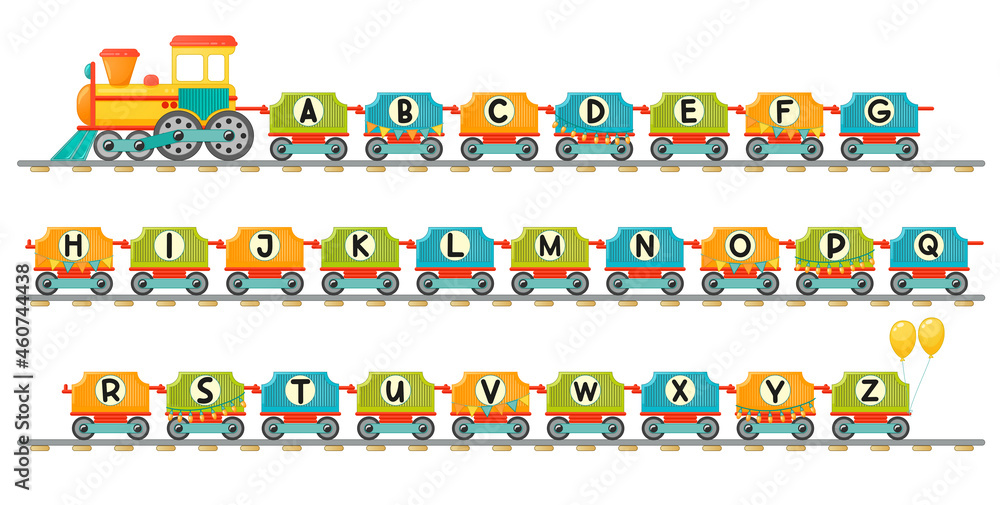 Train alphabet for kid in cartoon style. Capital letters only. Vector ...
