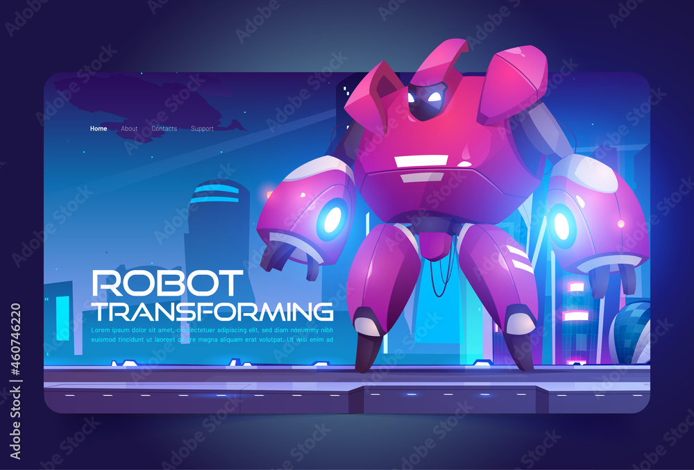 Robot transforming banner with red cyborg character in futuristic city ...