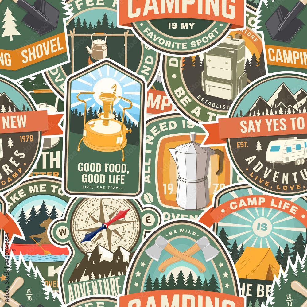 Summer camp colorful seamless pattern with travel inspirational quotes ...