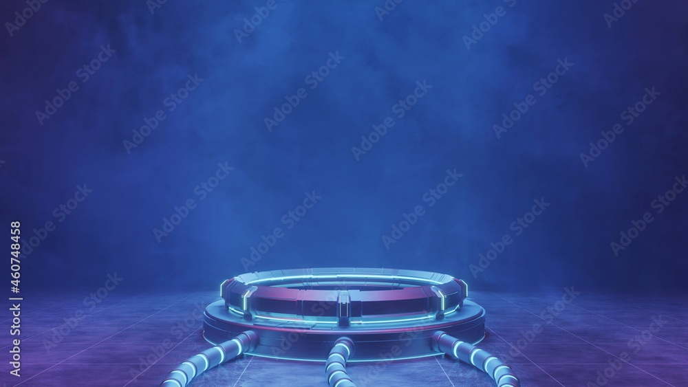 3D Rendering of sci fi mech circle shape pedestal with glowing led ...