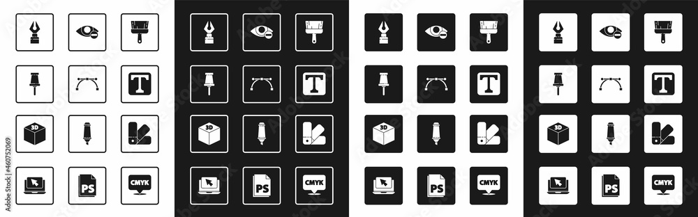 Set Paint brush, Bezier curve, Push pin, Fountain pen nib, Text, Red eye effect, Color palette ...