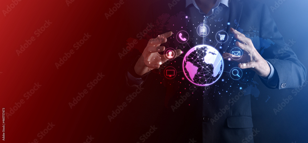 Business man hiold, use,press infographic icon of community technology ...