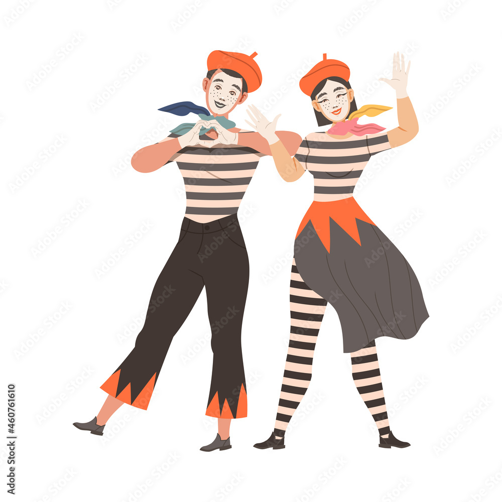 Couple of mimes performing pantomime. Silent male and female actors ...