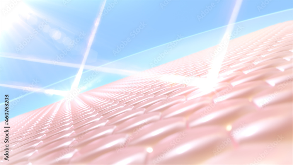 3D Rendering skin cell with UV protection. Ultraviolet shield reflect ...