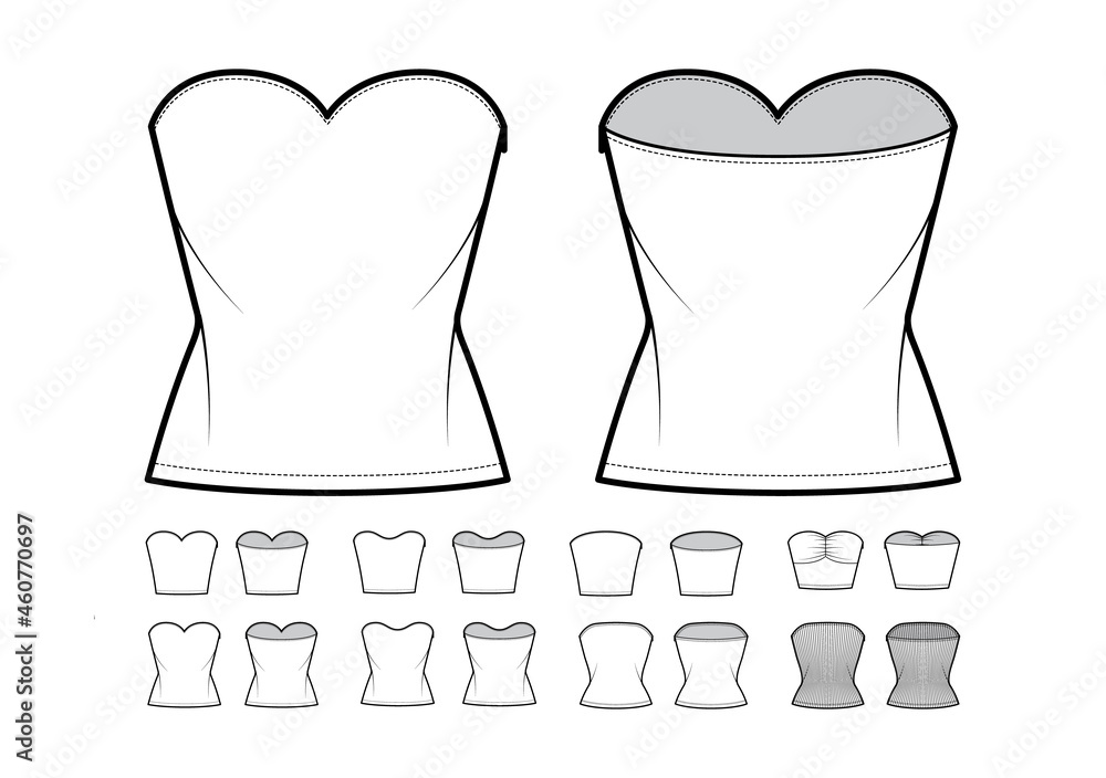 Set of strapless tops technical fashion illustration with fitted body ...
