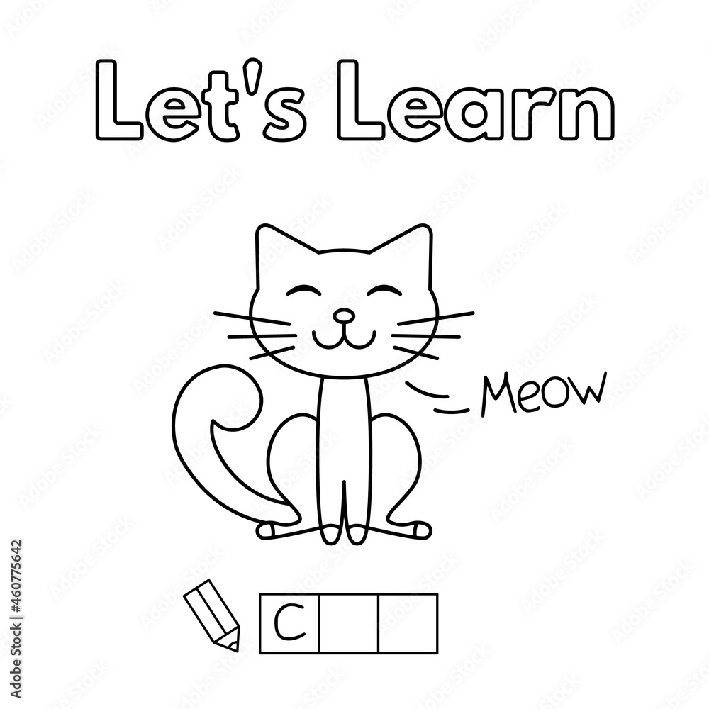 Cartoon cat learning game for small children - color and write the word ...