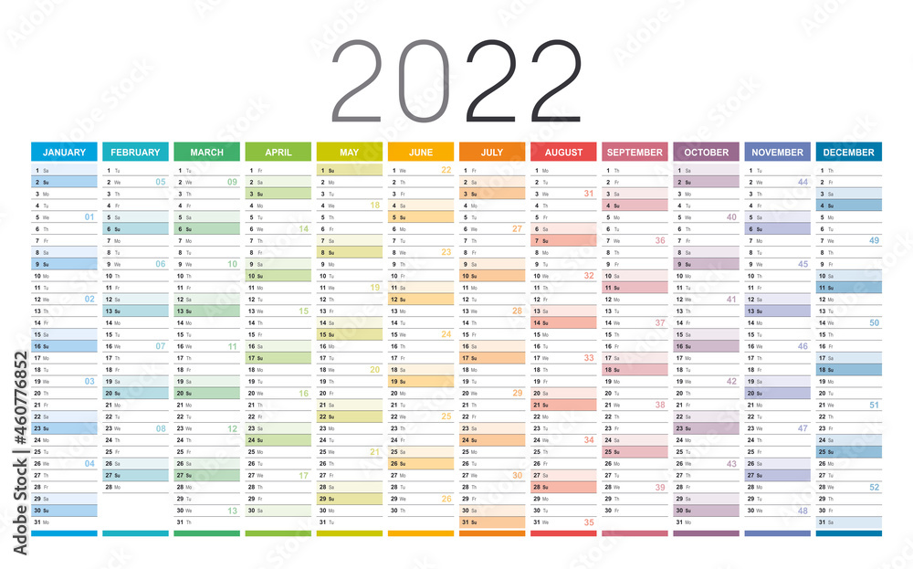Year 2022 colorful wall calendar, with weeks numbers, on white ...