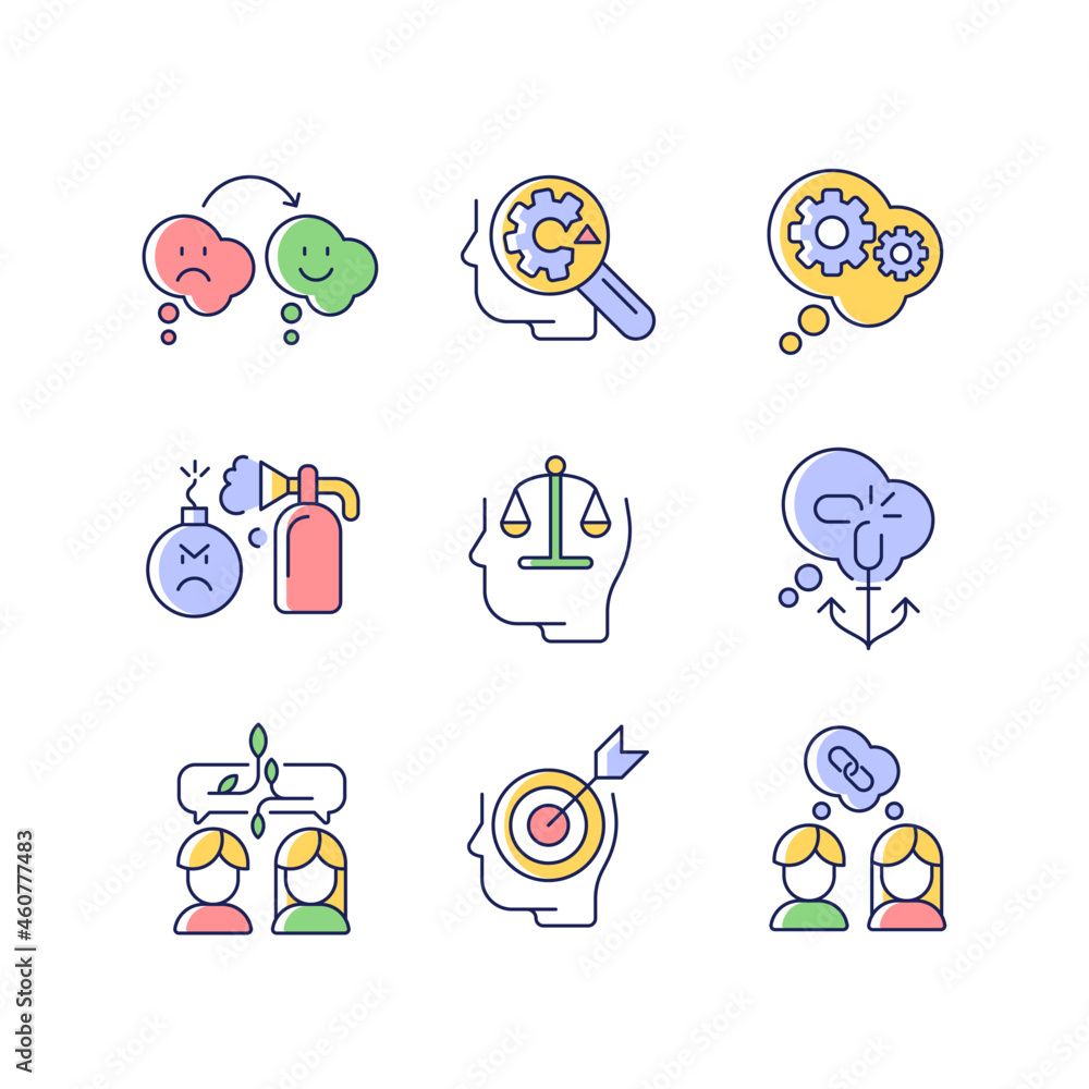 Critical mindset and attitude RGB color icons set. Rationality ...