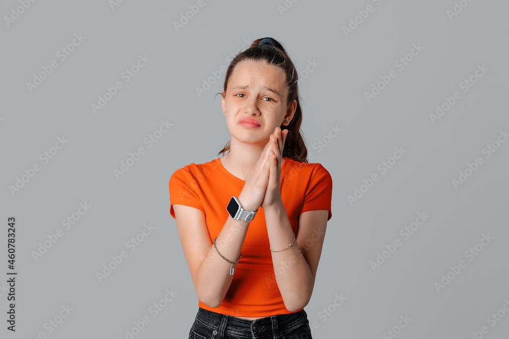 Worried brunette teen girl need something, begging for help and say ...