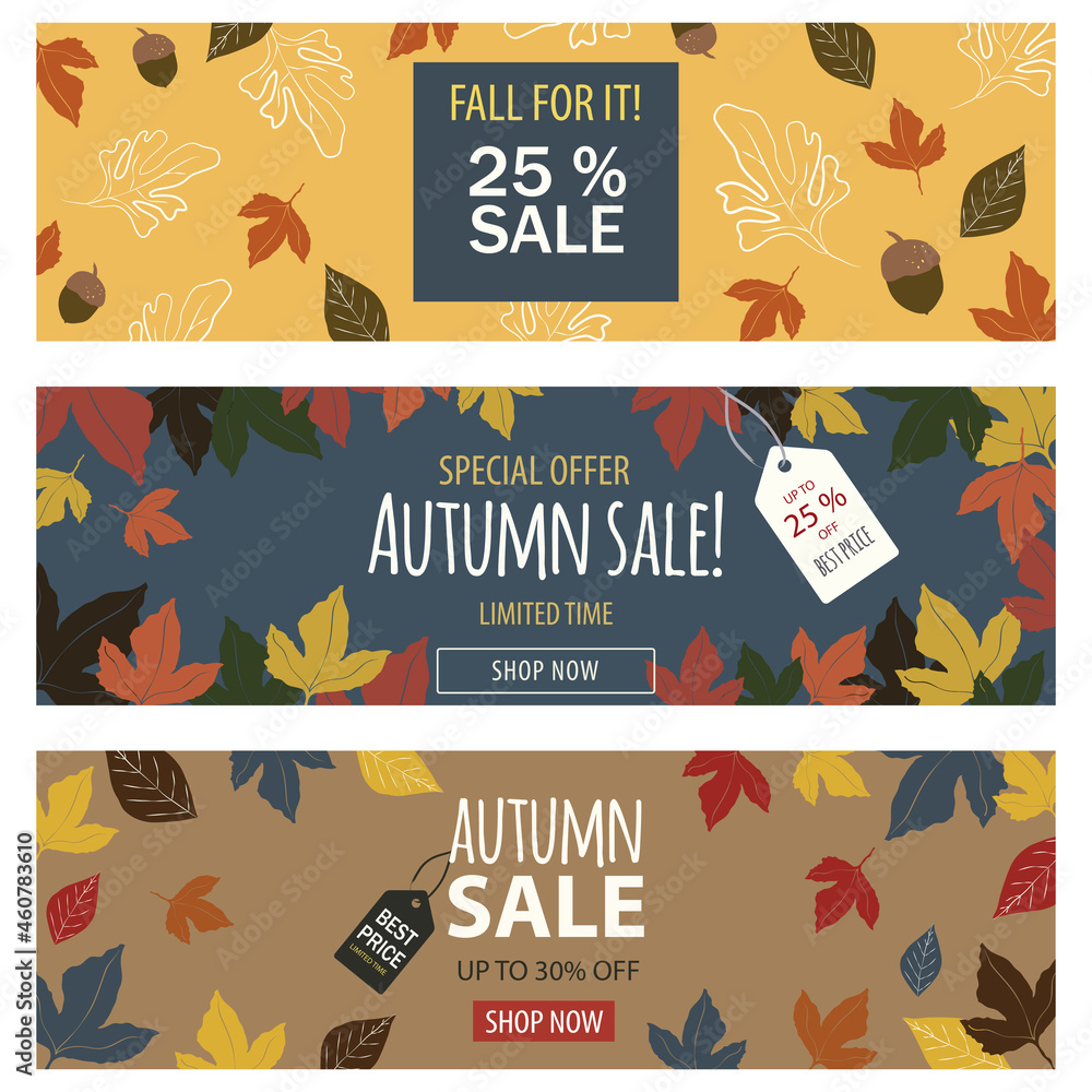 Autumn season sales banners. Set of horizontal offer leaflets with fall ...