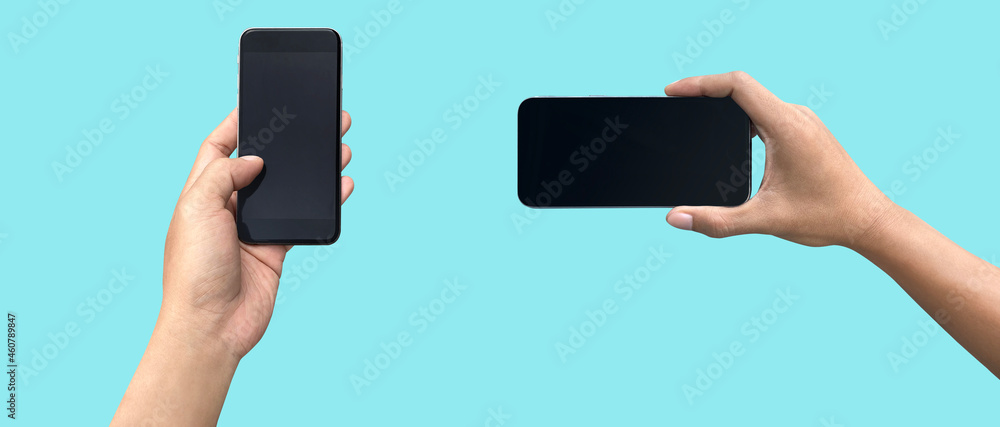 Blank screen of Mobile phone with hand holding phone isolated on white ...