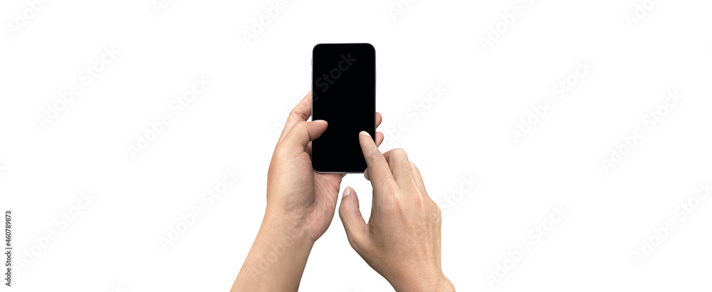 Blank screen of Mobile phone with hand holding phone isolated on white ...