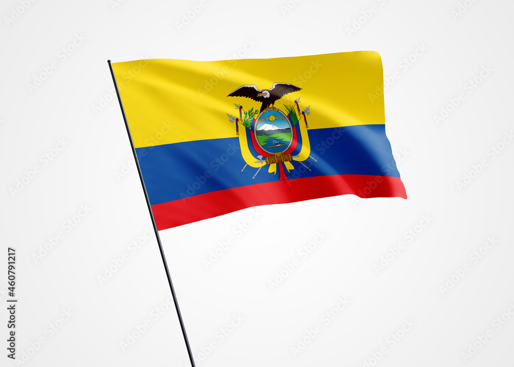 Ecuador flag flying high in the white isolated background. May 24 ...