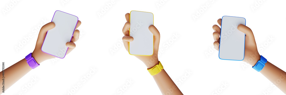 Cartoon hand holding a mobile phone on an isolated background. 3d ...