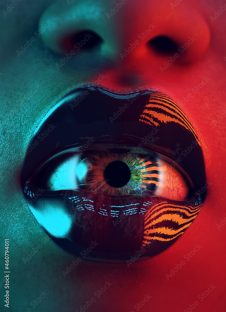 Red Orange an Blue Green Horror Alien Woman with Open Mouth with Wet ...