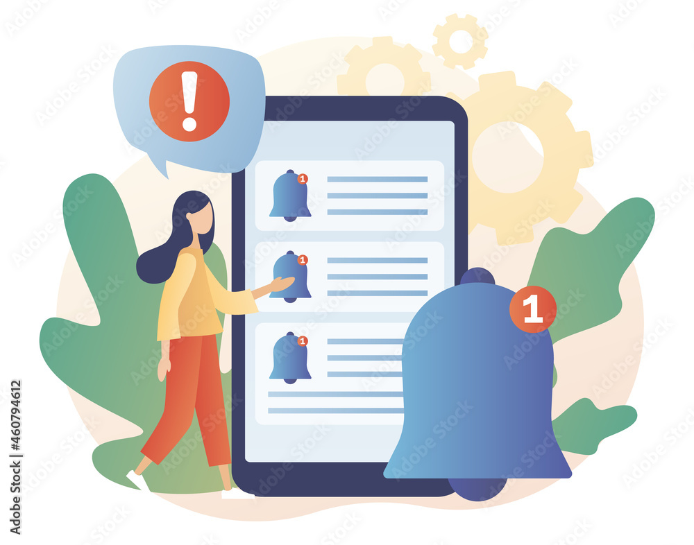 Notifications. Tiny woman get chat messages notification in smartphone ...