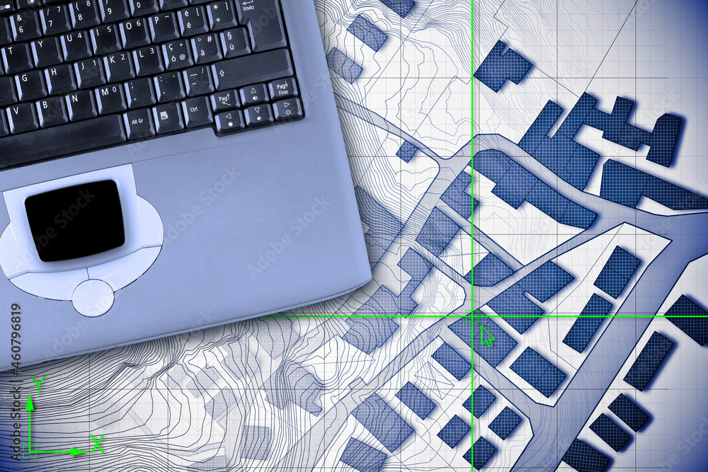 Imaginary cadastral map of territory with buildings and roads drawn ...