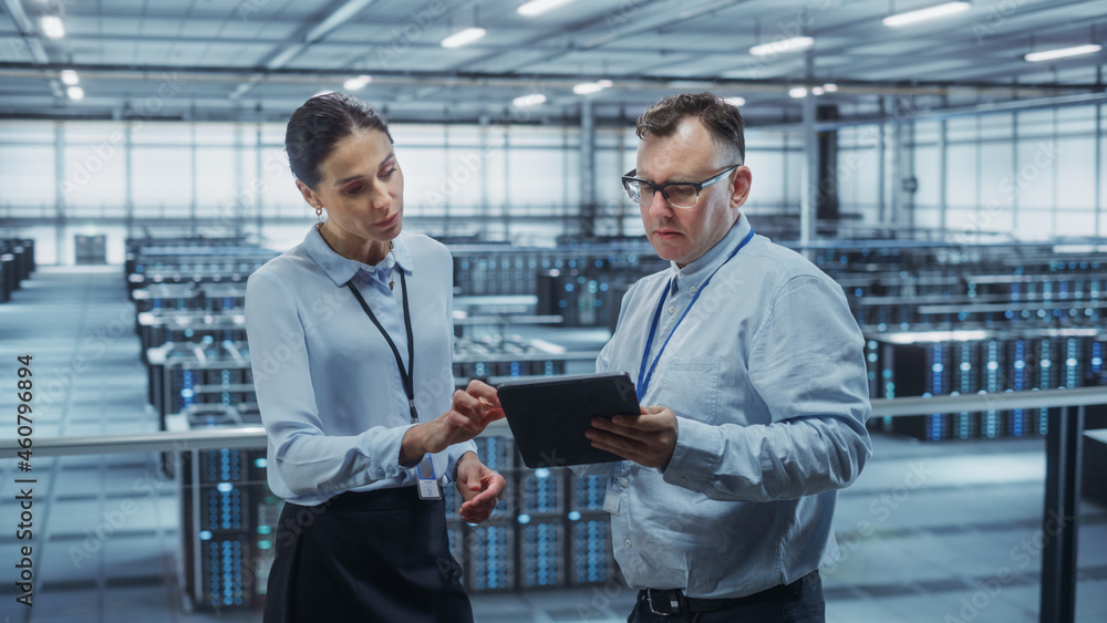 Data Center Female System Administrator and Male IT Specialist Talk ...