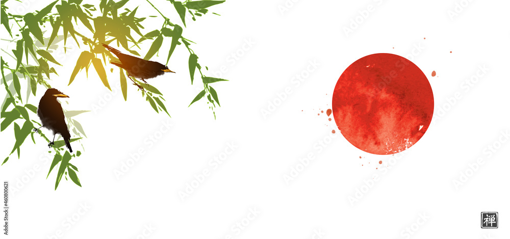Birds sitting on green bamboo tree and big red sun, symbol of Japan on ...