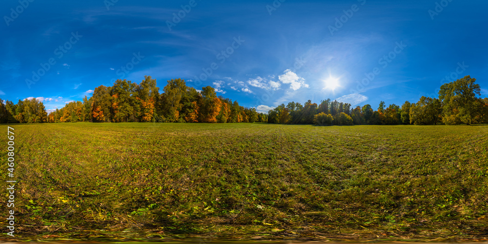 360 by 180 degree spherical panorama of sunny autumnal mowed meadow and ...