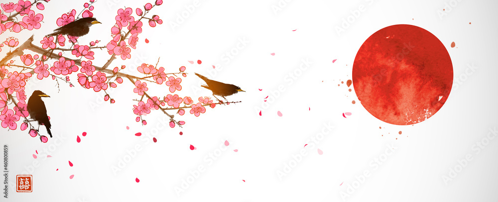 Birds sitting on blossoming sakura branch and big red sun, symbol of ...