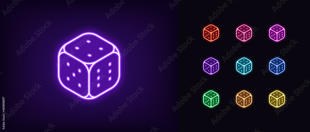 Outline neon dice icon. Glowing neon dice sign, playing cube pictogram ...