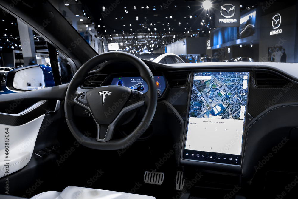 Tesla Model X car model interior dashboard view shown at the Autosalon ...