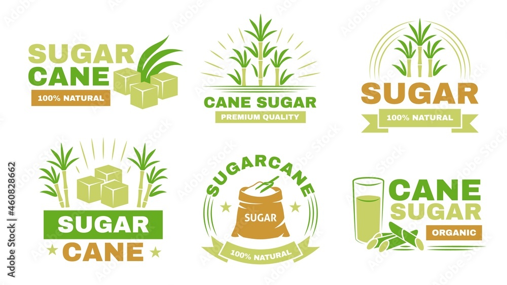 Sugarcane labels. Sugar manufacturing emblems, asian agriculture ...