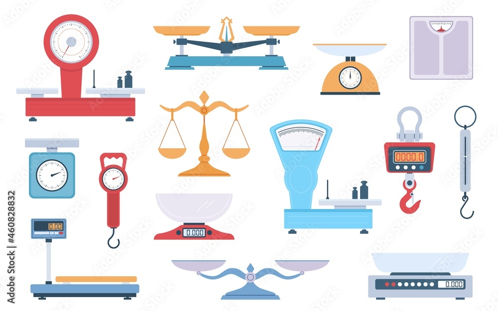 Scales types. Different scales variants, weighing balance, cartoon flat ...