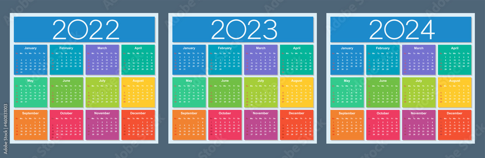 Colorful calendar for 2022, 2023 and 2024 years. Week starts on Sunday ...